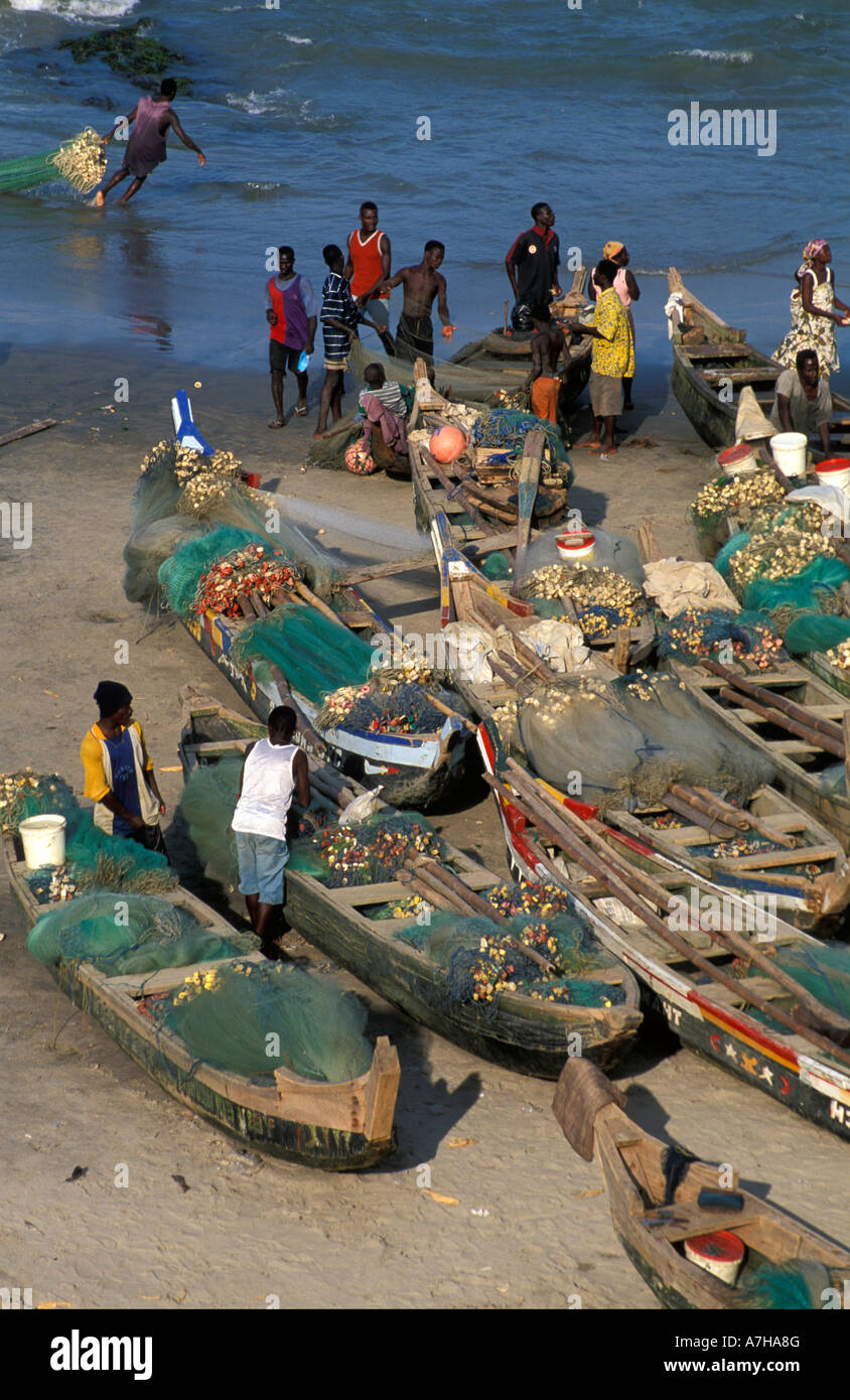 View of the beach and fishing pirogues from Cape Coast Castle, Ghana ...