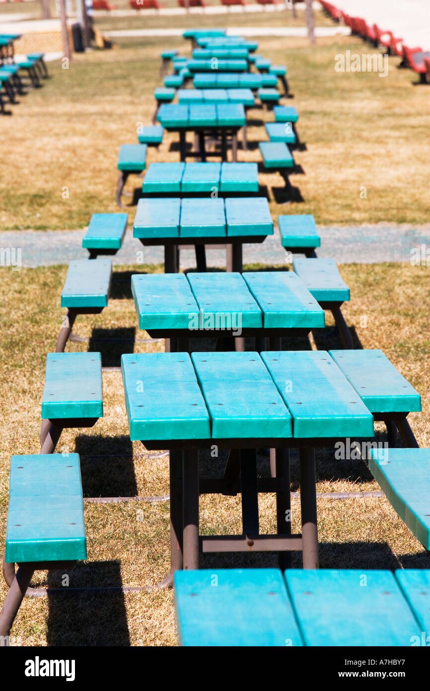 Row wooden picnic tables hi-res stock photography and images - Alamy