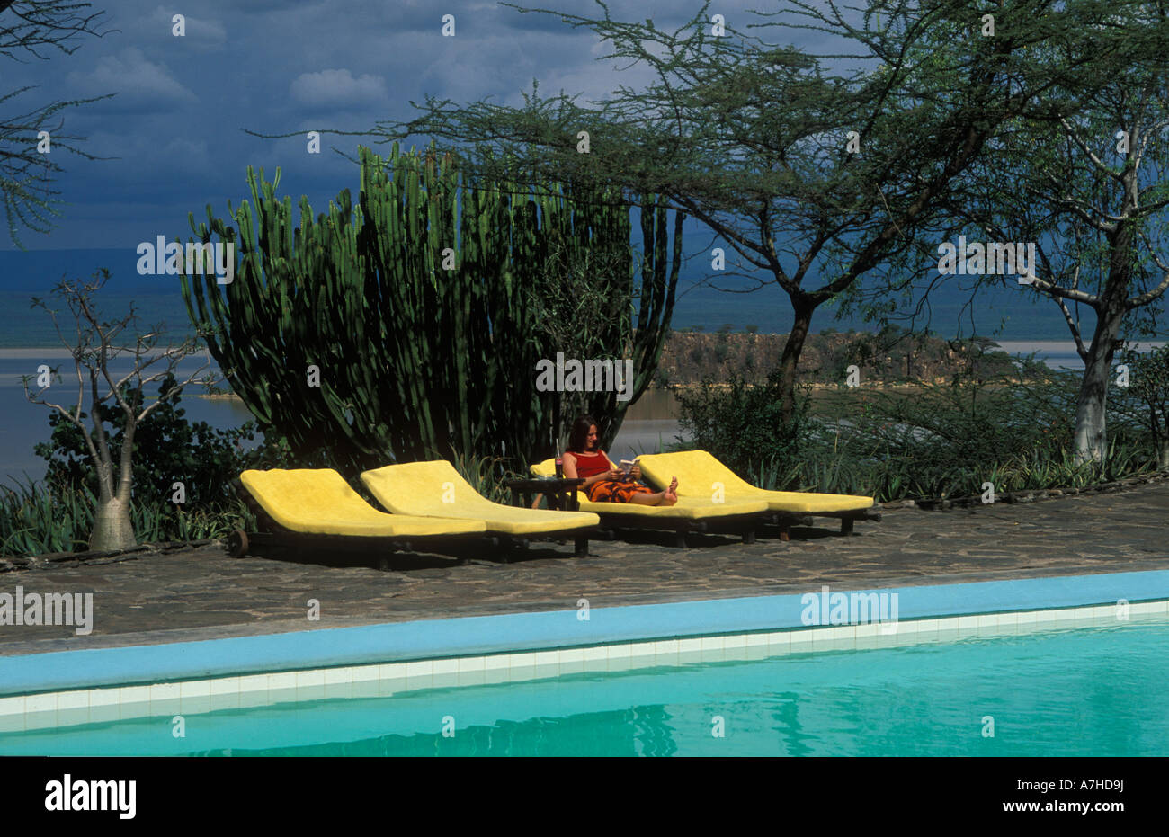 Island Camp swimming pool, Ol Kokwe island on Lake Baringo, Kenya Stock ...