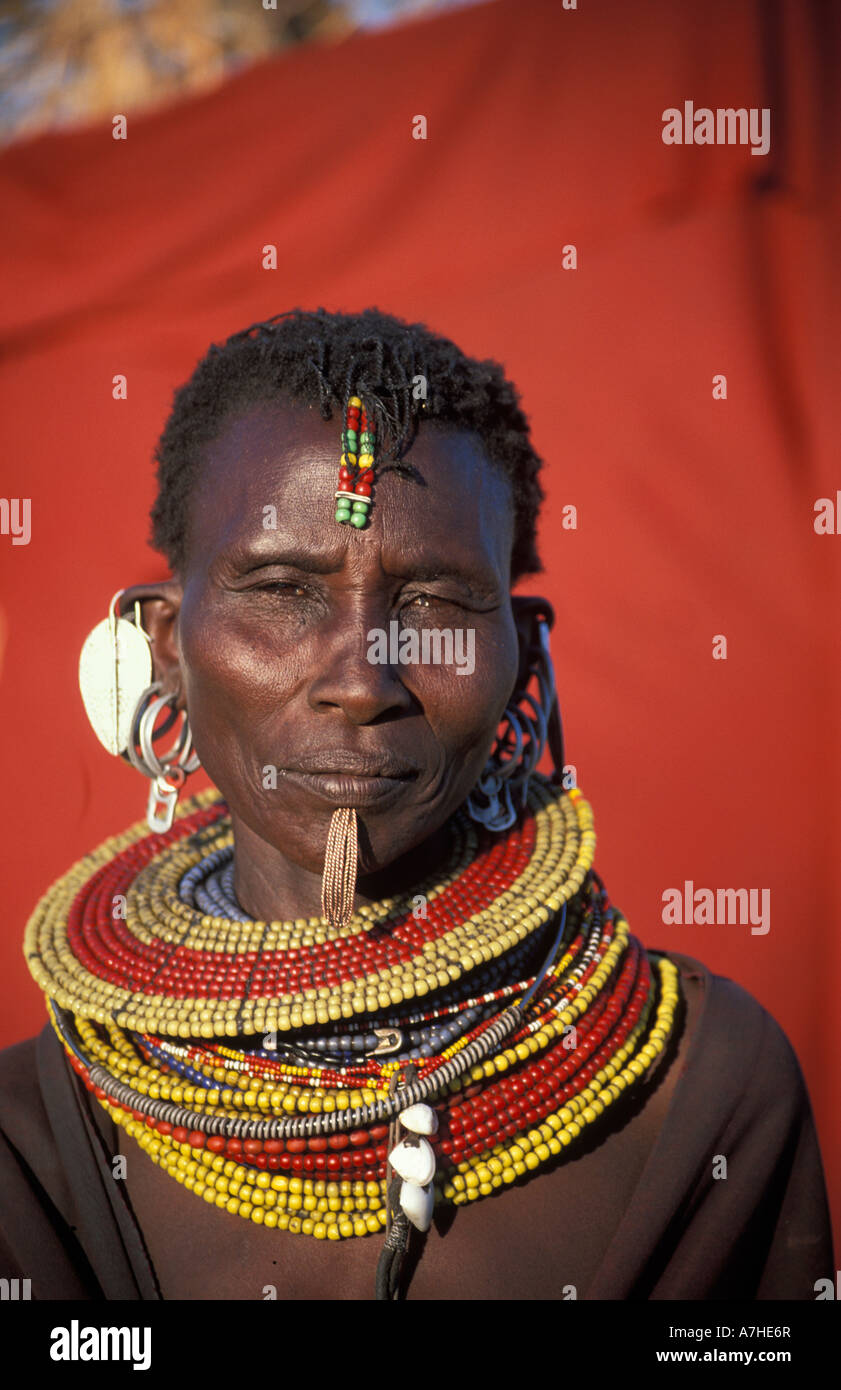 Turkana woman wearing a traditional lip plug, Loiyangalani on the shore ...