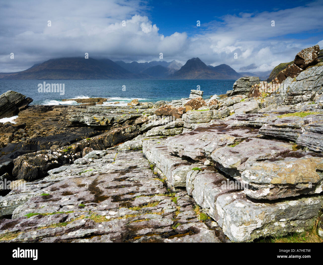 View from the rocky shoreline at Elgol towards the Black Cuillin ridge ...