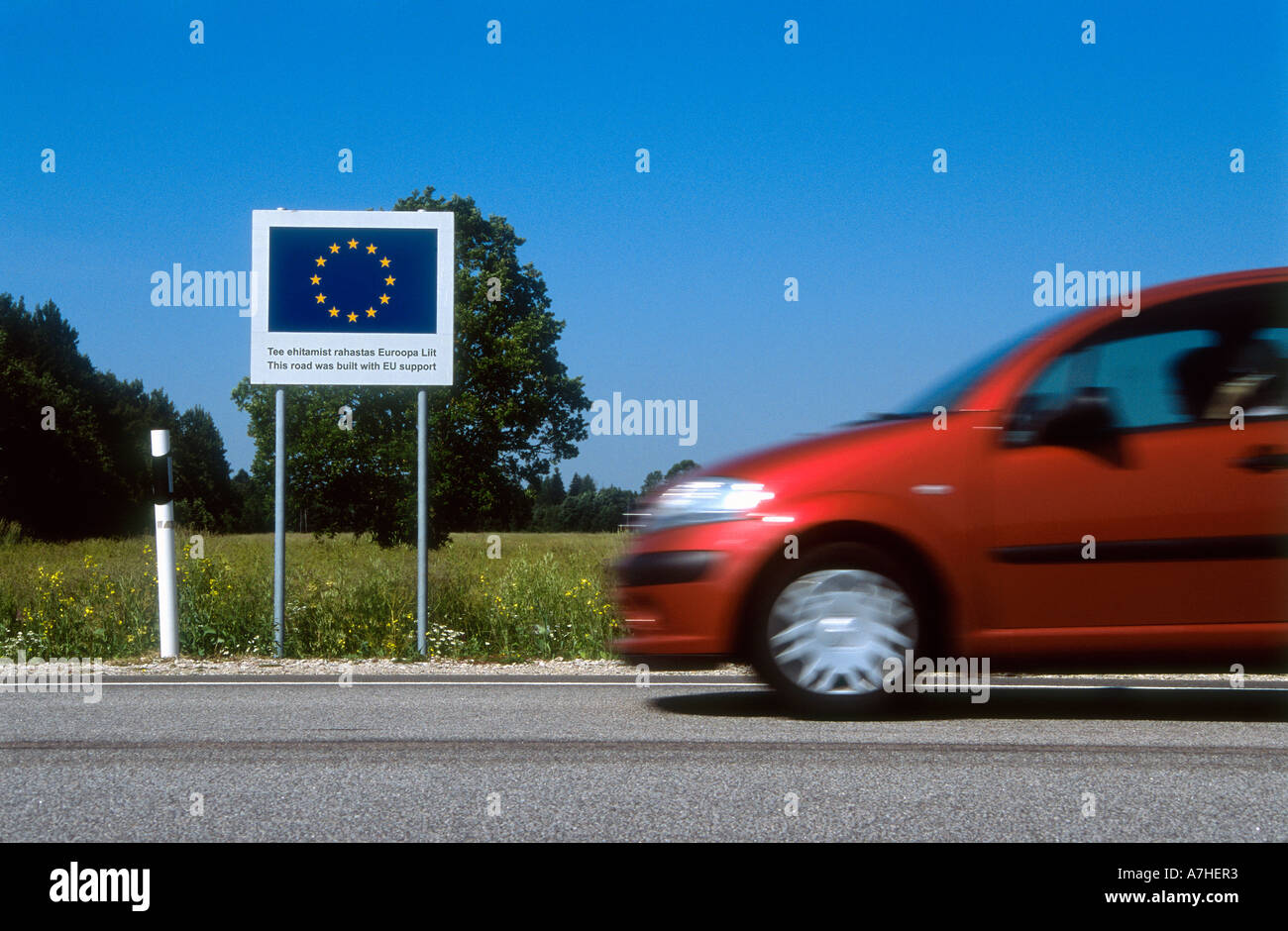 Highway Sign, Road Built With Eu Support Stock Photo - Alamy