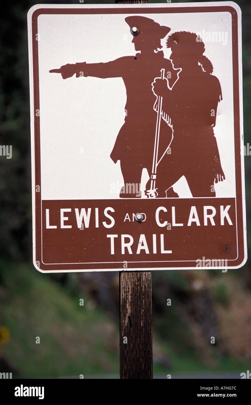 USA, Lewis and Clark Trail, Idaho, US Highway 12 near Kamiah, signs ...