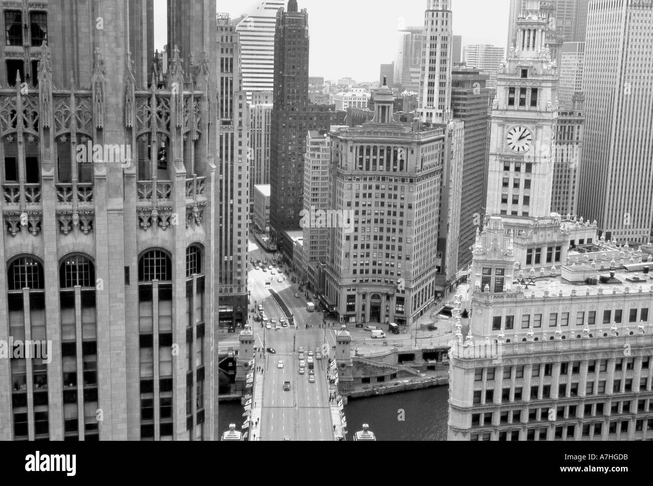 USA, IL, Chicago, Loop from Hotel Inter-Continental. Tribune Tower and ...
