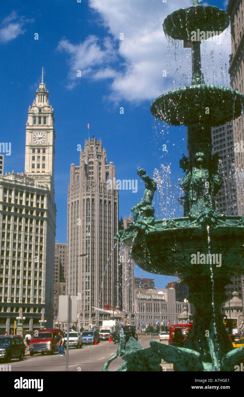 USA, IL, Chicago. Children's Fountain, Wrigley Building, and Tribune ...