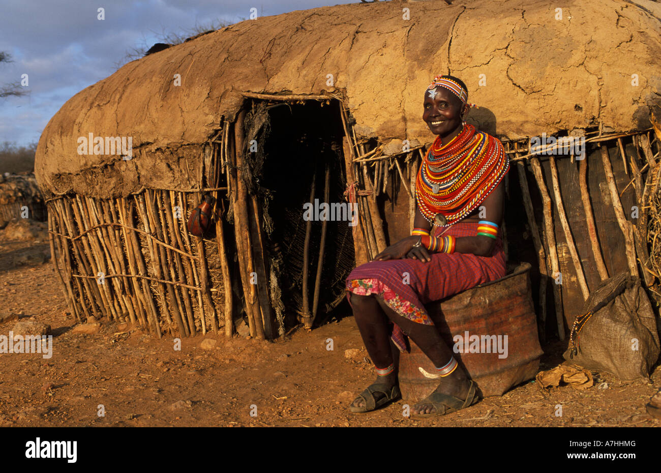 Samburu woman in front of her homestead near Samburu National Reserve ...