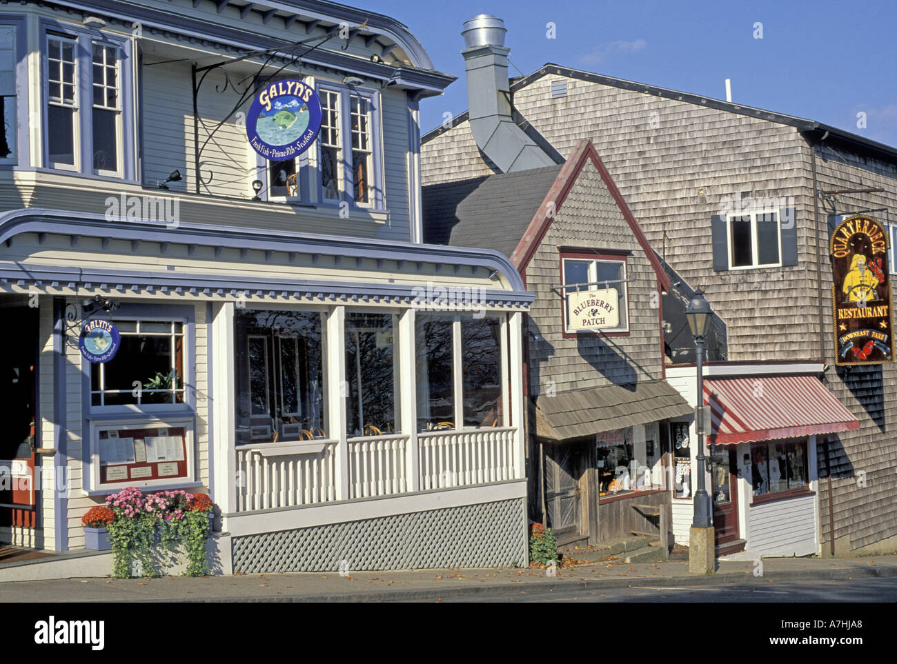 North America, USA, Maine, Mount Desert Island, Bar Harbor. Restaurants on Main Street Stock ...
