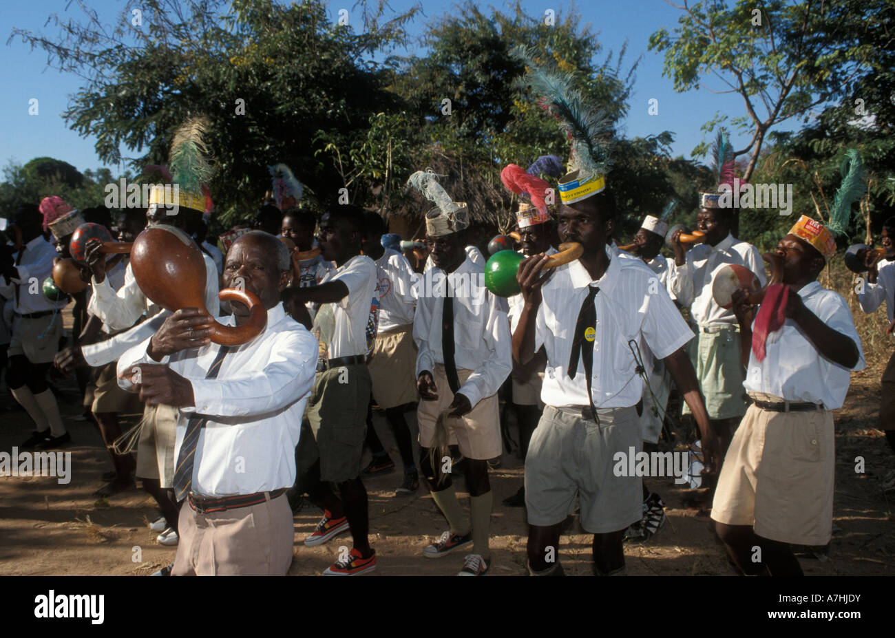 Villagers performing the Malipenga dance, Likoma Island, Lake Malawi ...