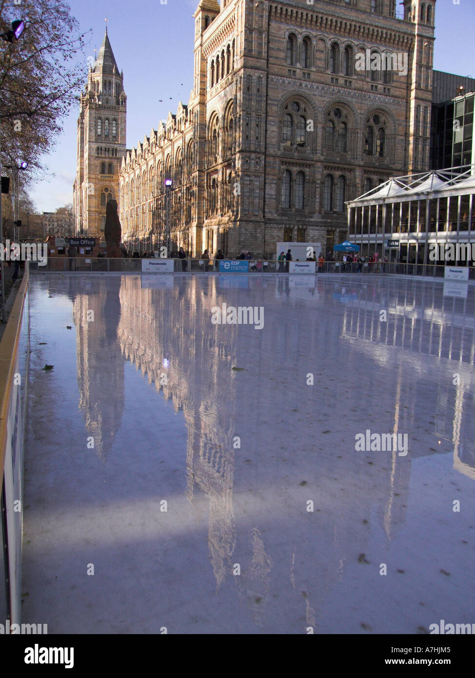 Reflection of Natural History Museum reflected in ice skating rink ...