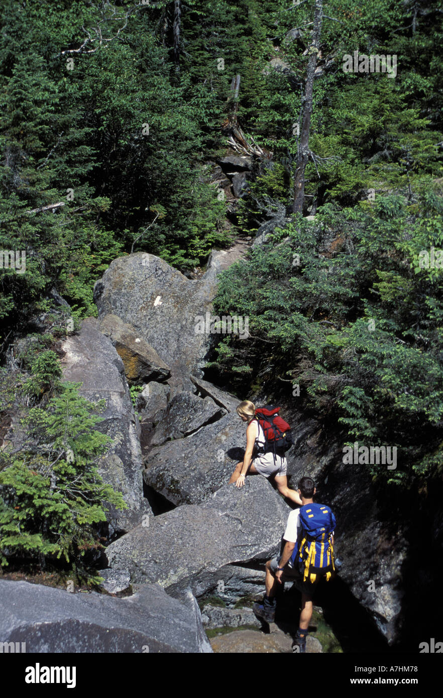 US, ME, Hiking Mahoosuc Notch Trail, Appalachian Trail, giant boulders ...