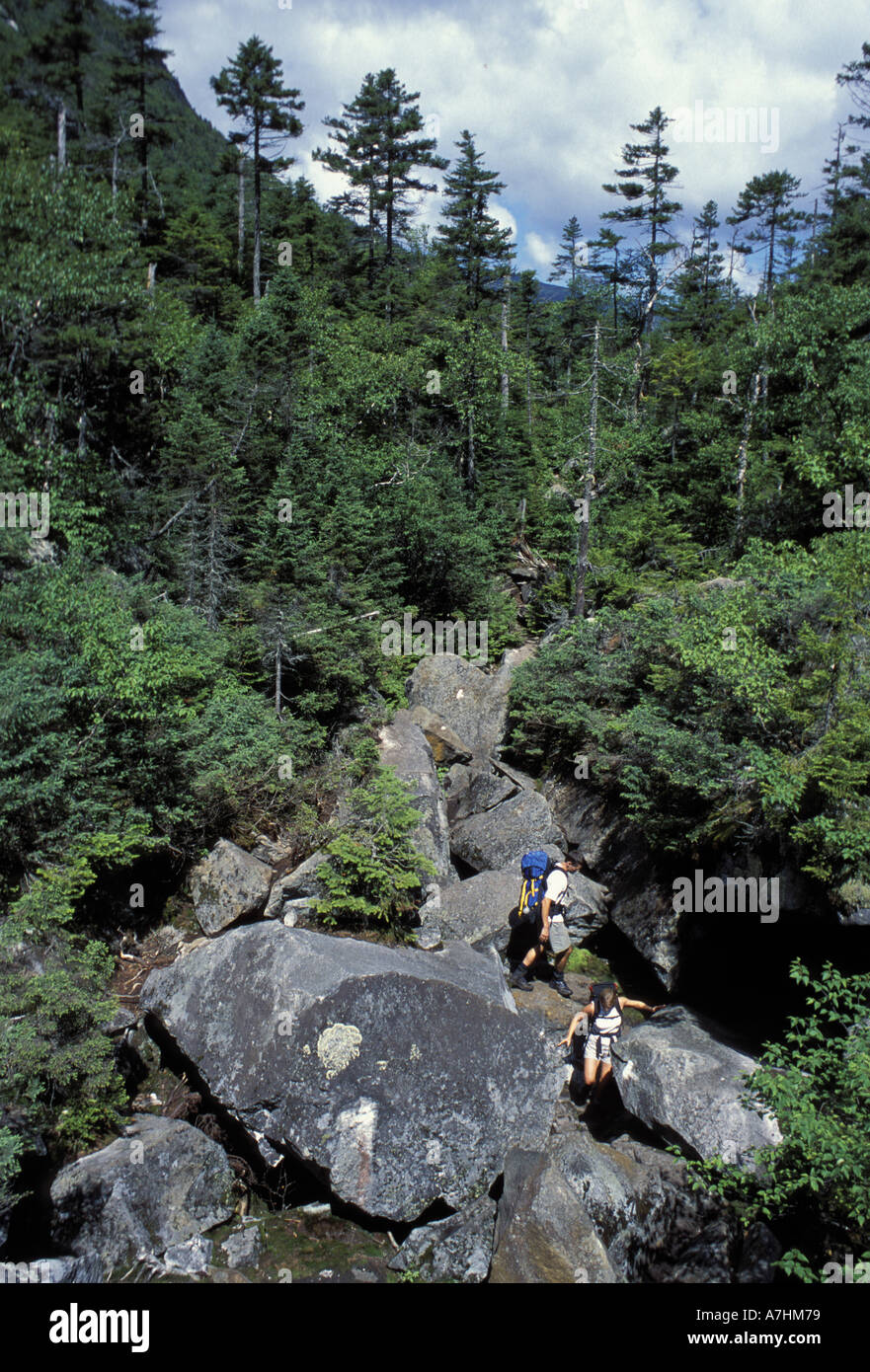 US, ME, Hiking Mahoosuc Notch Trail, Appalachian Trail, giant boulders ...