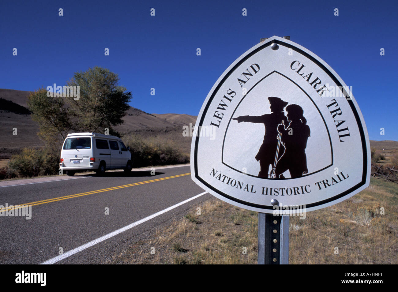 USA, Lewis and Clark Trail, Montana, Route 278, Road sign marker; signs ...