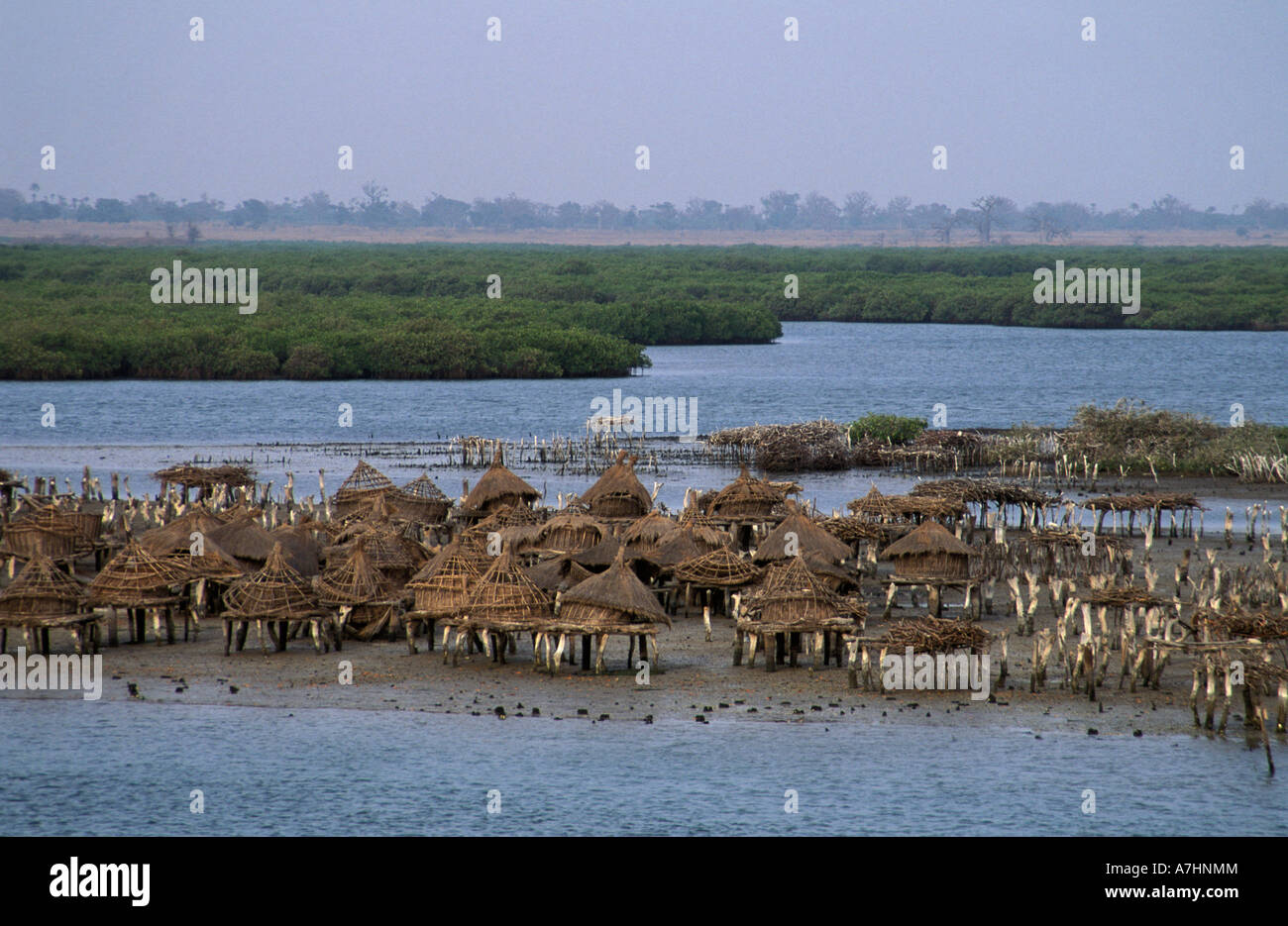 Island composed of shells with granaries on stilts out in the sea to ...