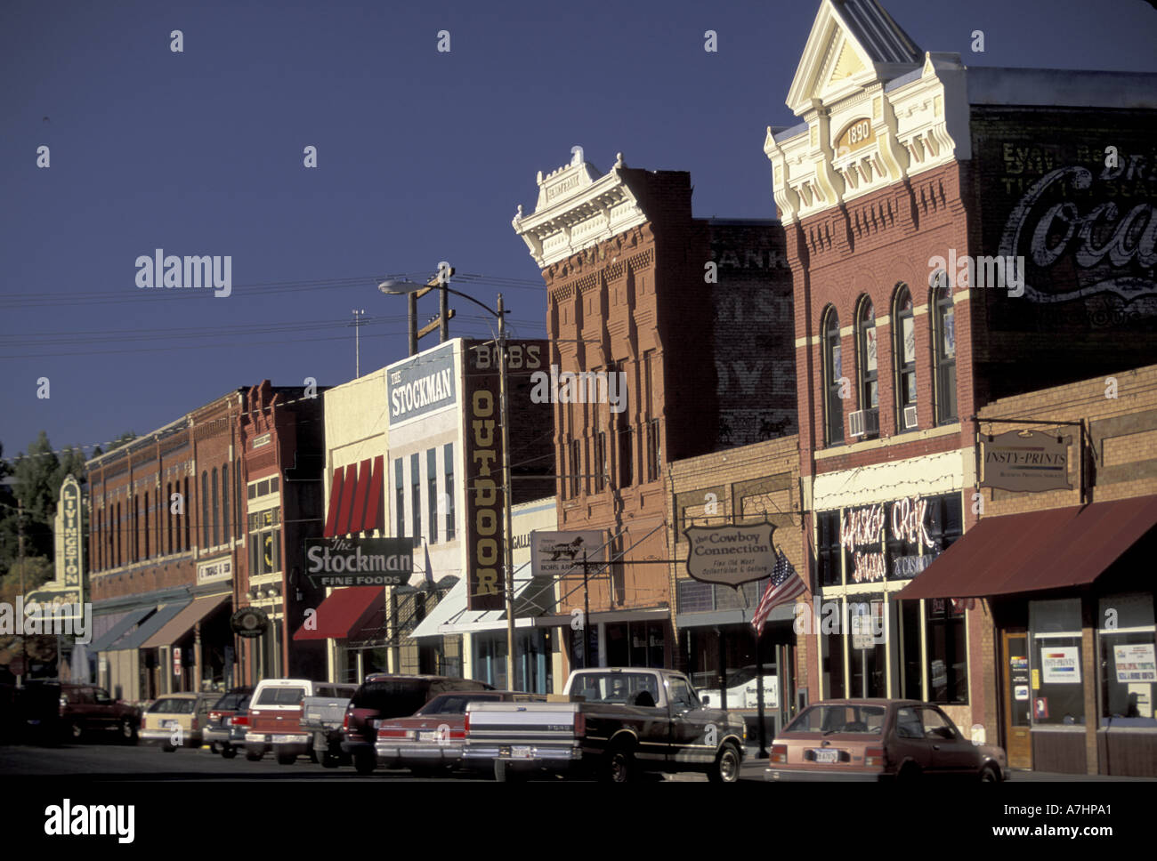 NA, USA, Montana, Livingston Western storefronts on Main Street; cowboy ...