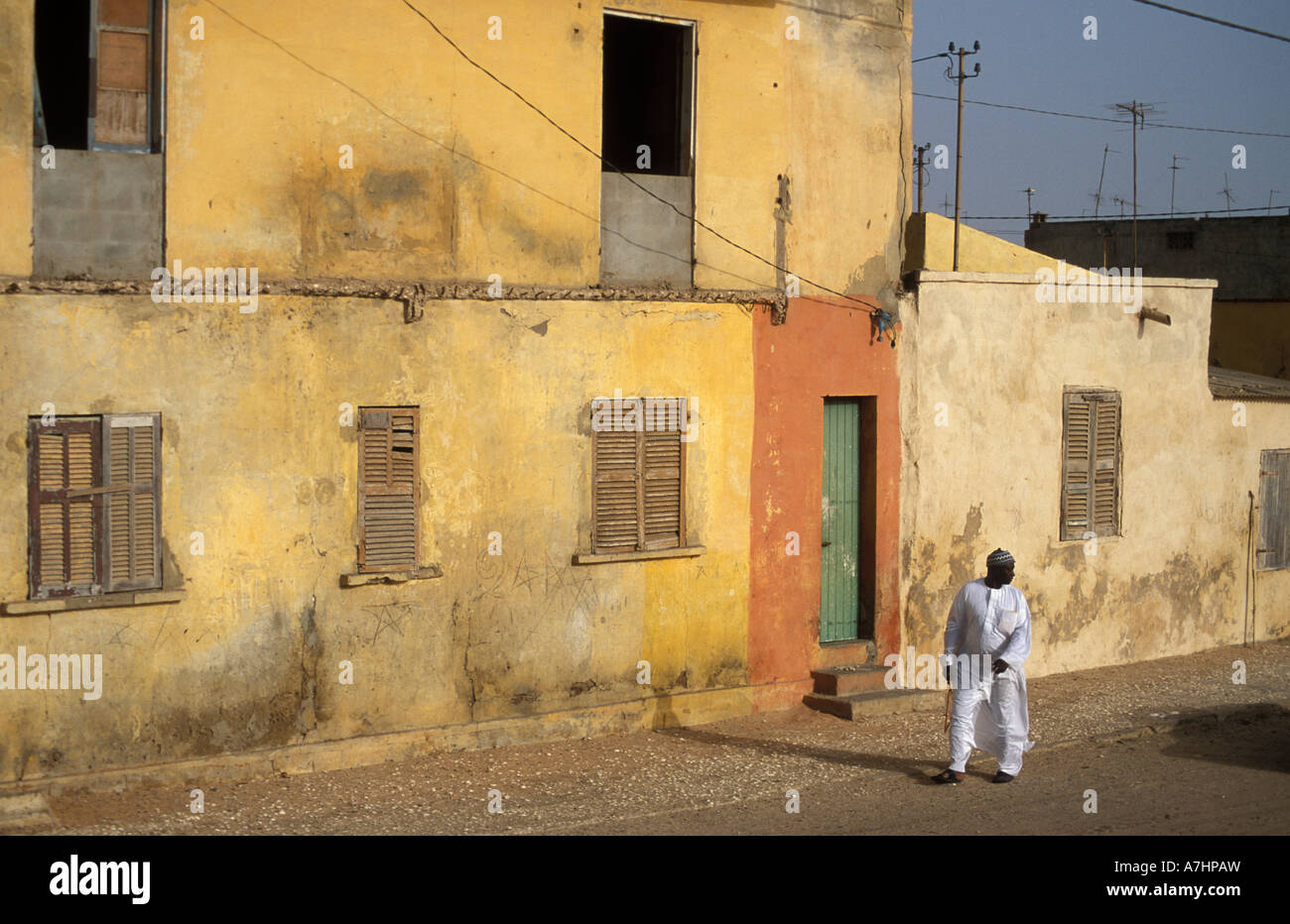 old colonial houses line the streets of St Louis Senegal Stock Photo ...