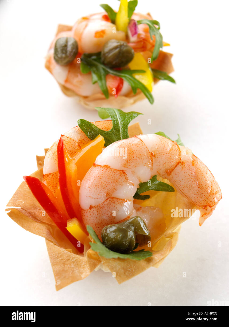 Marinated prawn filo cup canapes editorial food Stock Photo - Alamy