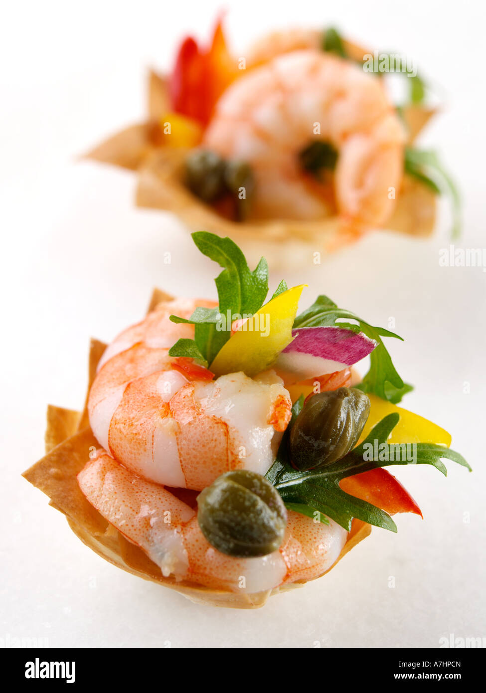 Marinated prawn filo cup canapes editorial food Stock Photo - Alamy