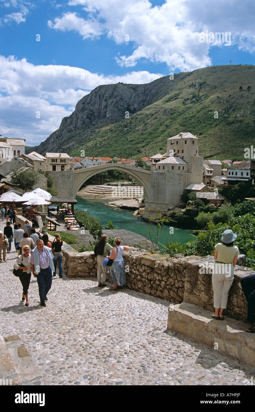 Stari Most, Old Bridge, following reconstruction, tourists and Neretva ...