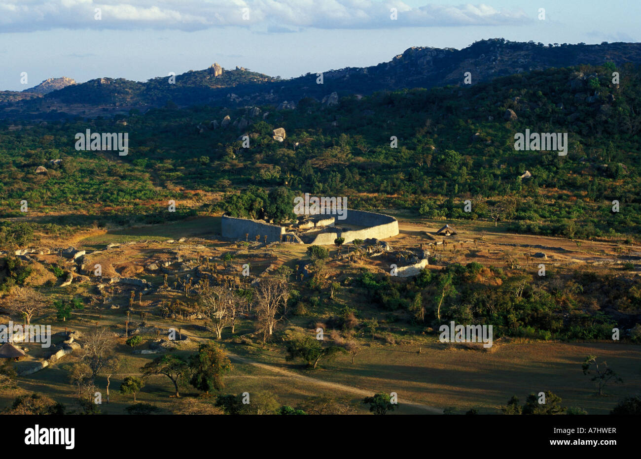 Great Zimbabwe ruins aerial view of the Great enclosure from the 11th ...
