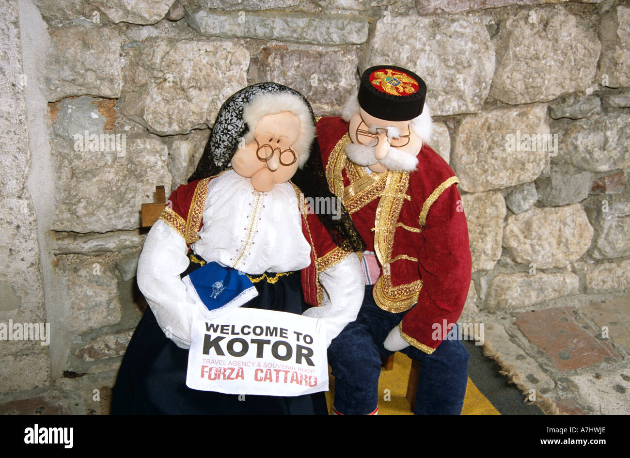 Souvenir model of old man and lady and welcome to Kotor sign, Kotor ...