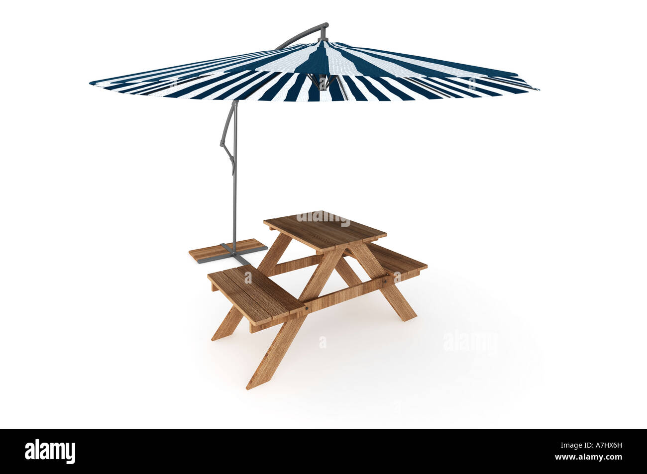 Wooden pub bench with parasol Stock Photo - Alamy