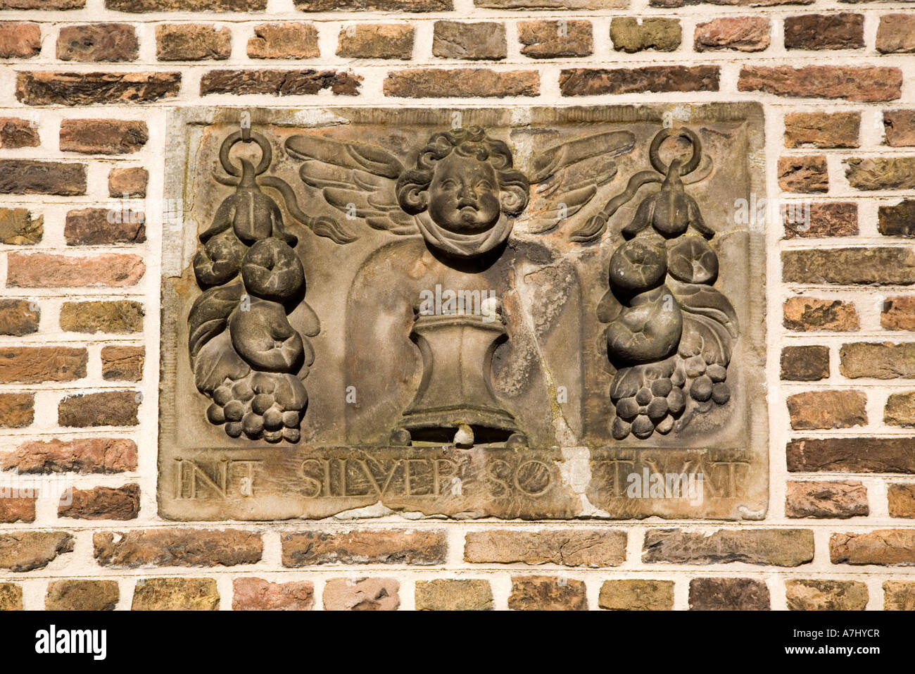 Old gable stone to name a building "int siver soutvat" ["In the silver ...