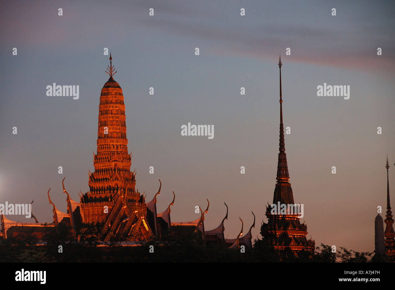 Chedis of Wat Phra Kaew temple at night Bangkok Thailand Stock Photo ...