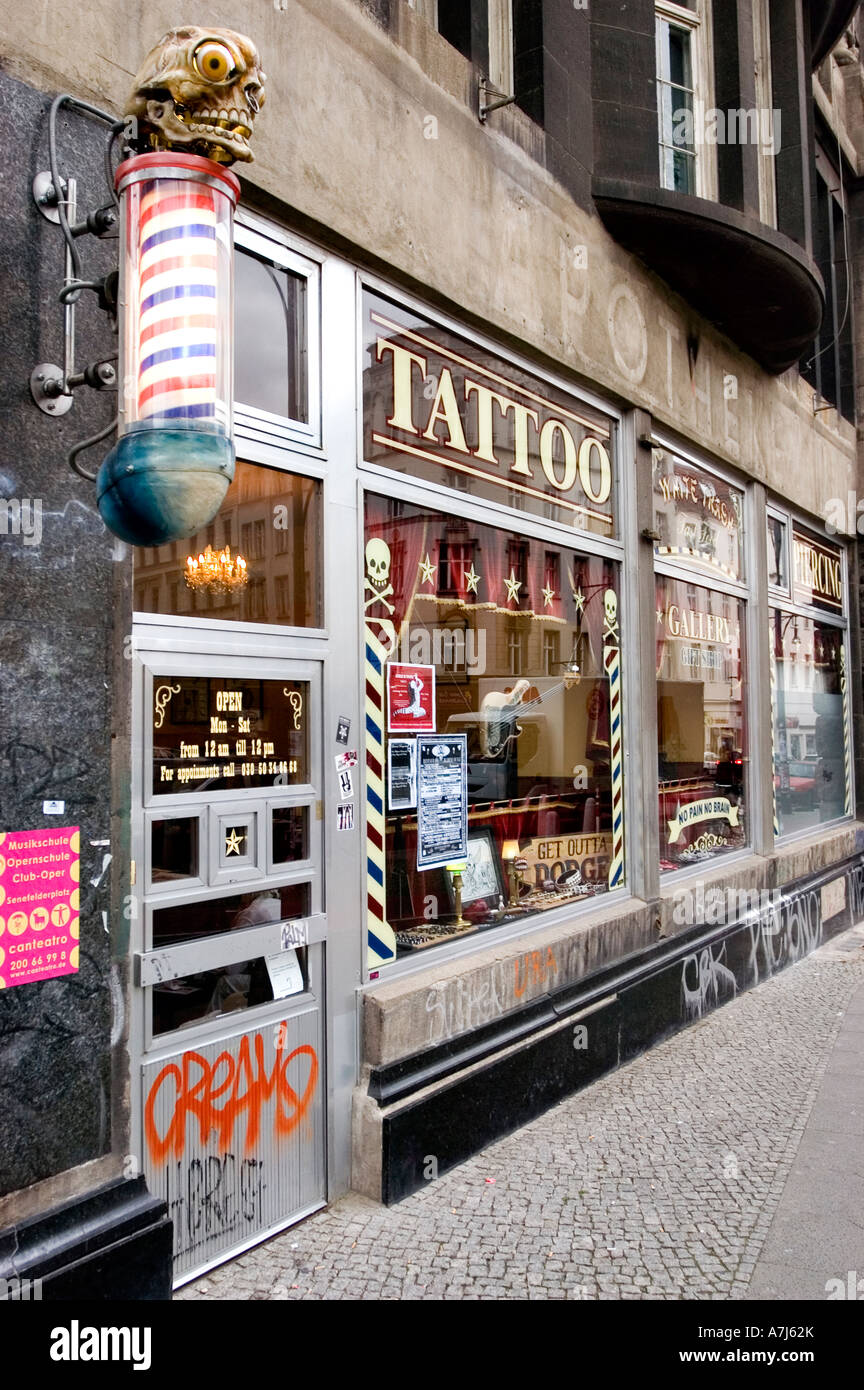 Tattoo saloon n East Berlin trendy district Prenzlauer Berg Germany ...