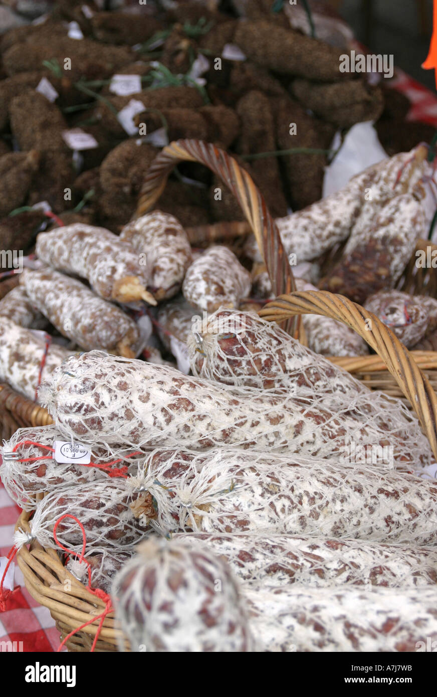 French saucisson for sale on a market stall Stock Photo - Alamy