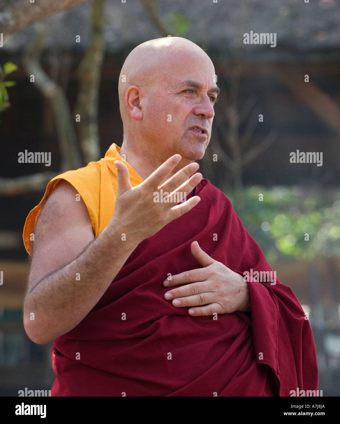 Monk Mathieu Ricard speaks during a Buddhist Puja at the one year ...