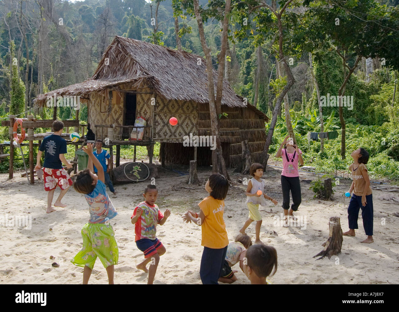 Moken children sea gypsy play at their rebuilt school on Ko Surin Thai ...