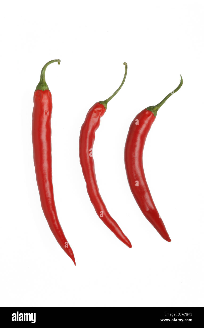 three red chilli peppers on a white background Stock Photo - Alamy