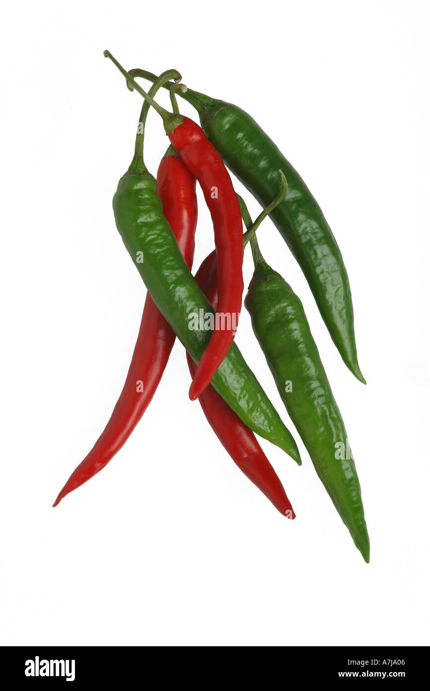 red and green chilli peppers on a white background Stock Photo - Alamy