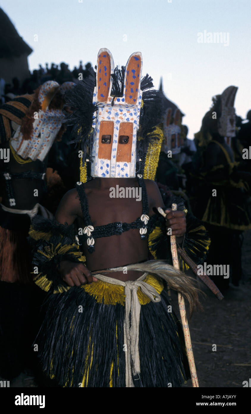 Masked dancer at the Dama festival, Ireli village below the Bandiagara ...
