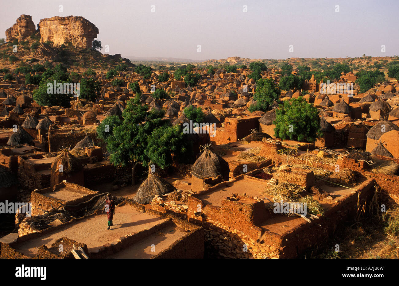 view of the flat rooftops and granaries, Songo, Dogon Country, Mali ...