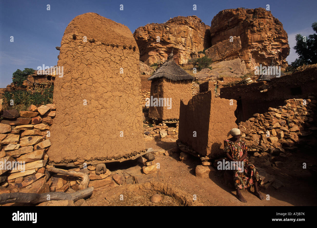 Granaries are dotted around a Dogon village, Songo, Dogon Country, Mali ...