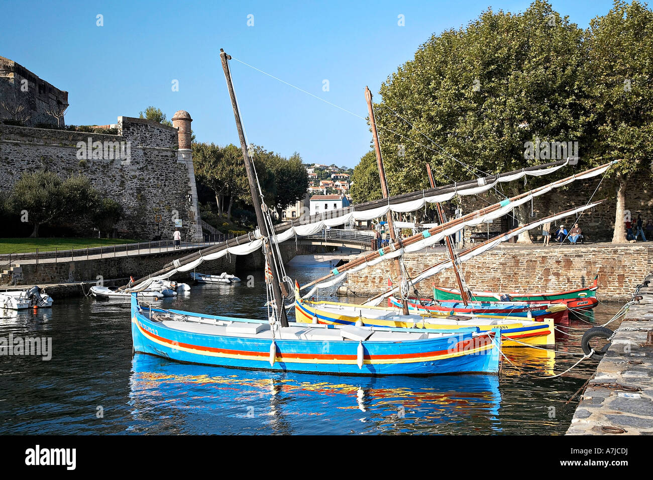 Catalan boat in the bay of Collioure, pyrenees orientales, france Stock ...