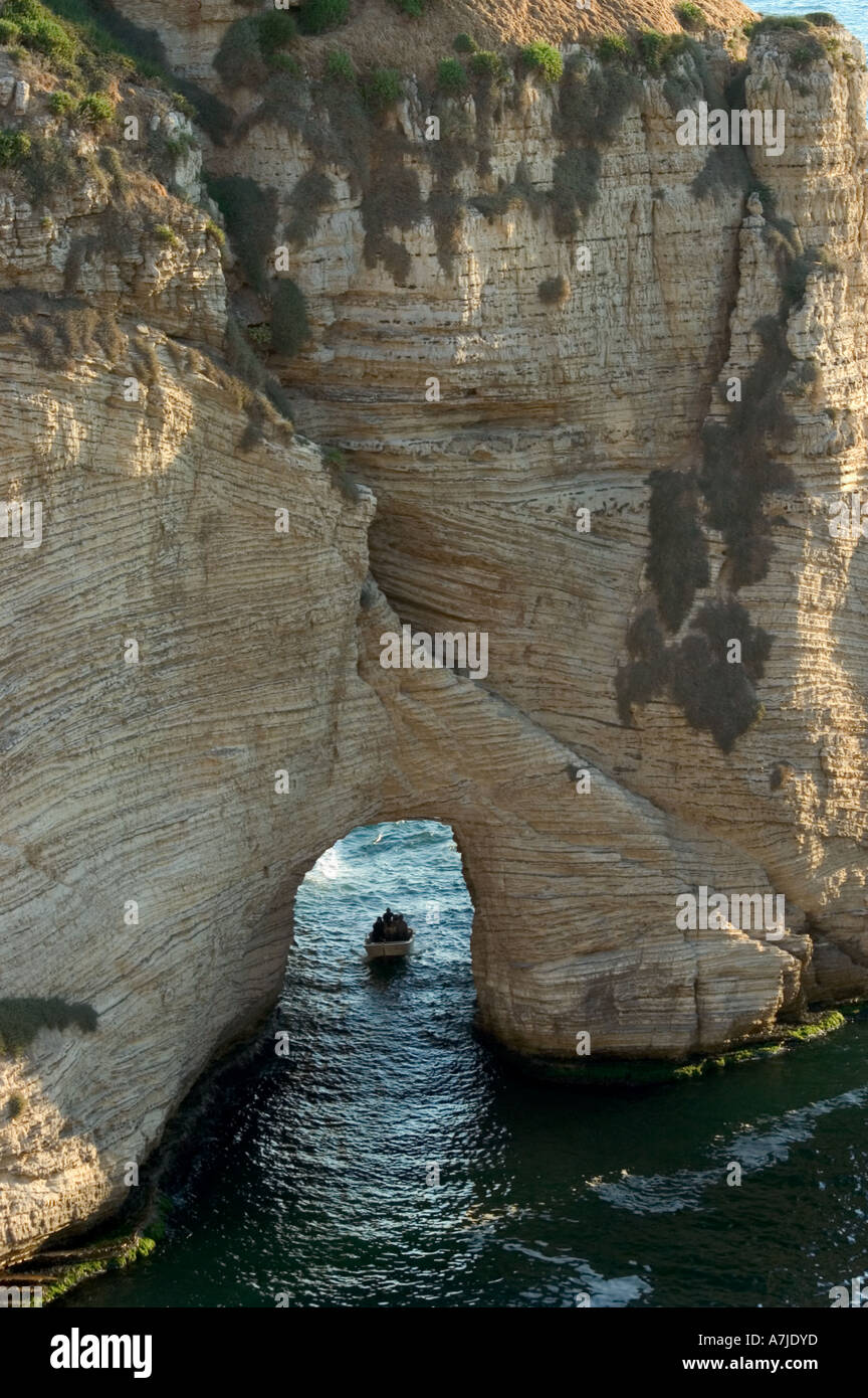 boat going through pigeon rocks Rawcheh rocks Beirut Lebanon Middle ...