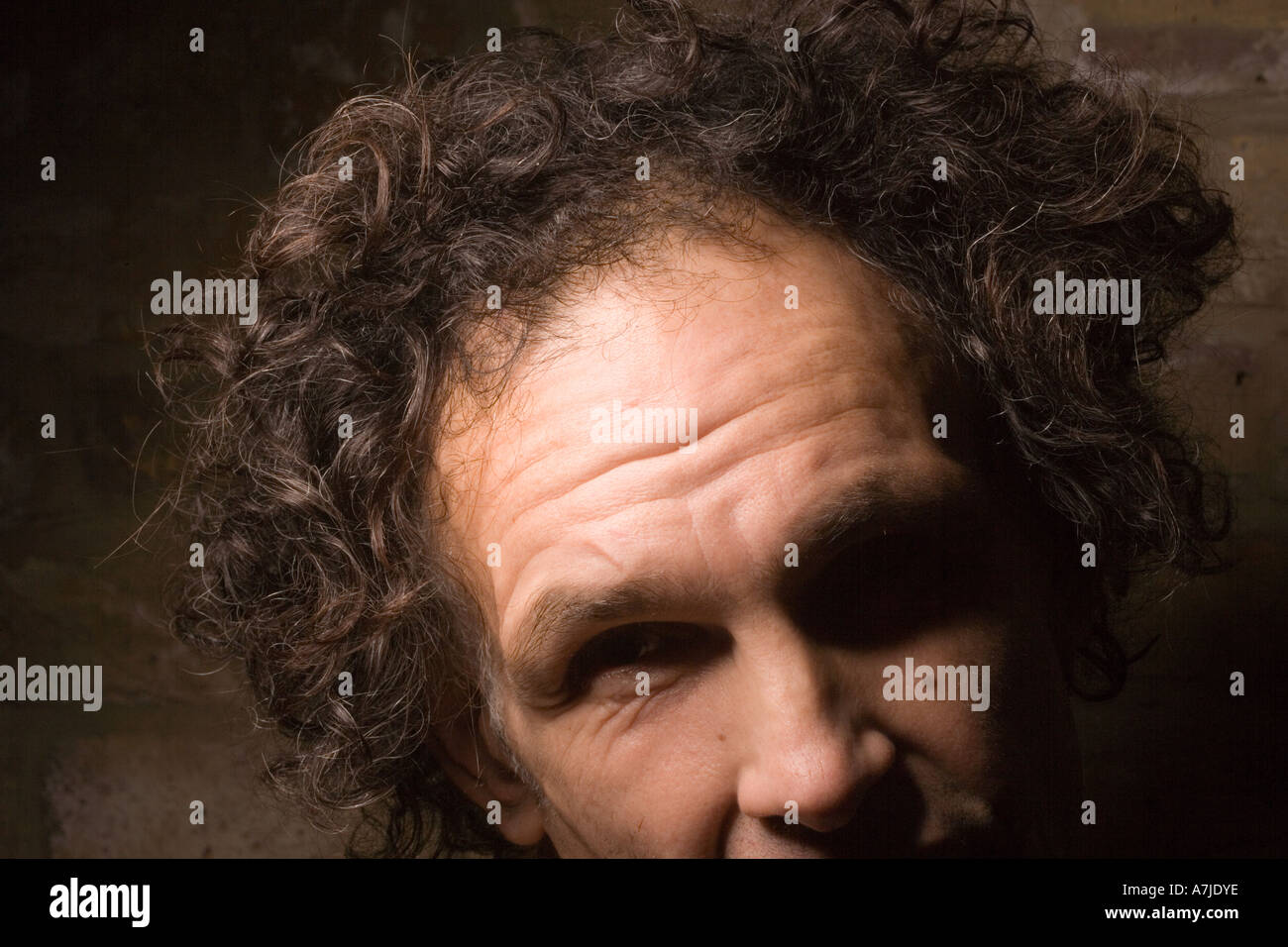 Portrait of a middle-aged man with a mocking expression, half of his ...