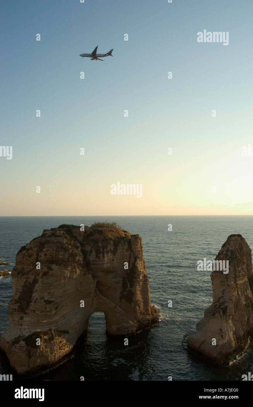 plane going over pigeon rocks Rawcheh rocks Beirut Lebanon Middle East ...