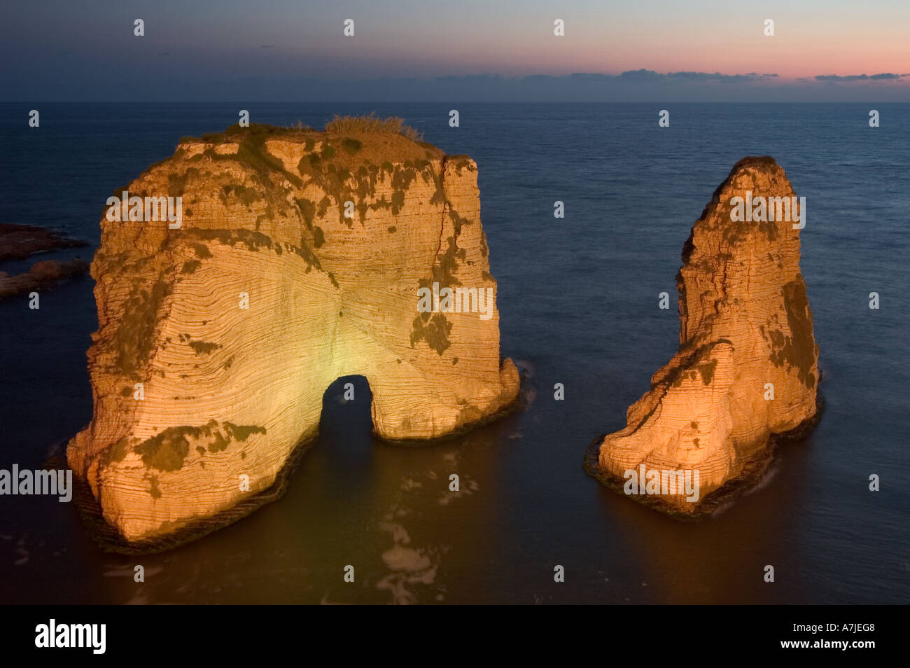 evening light up pigeon rocks Rawcheh rocks Beirut Lebanon Middle East ...