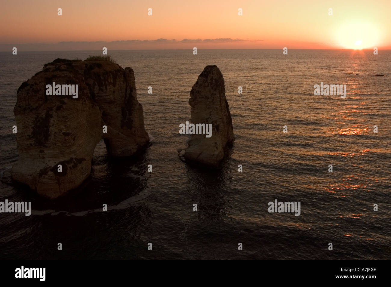 evening light up pigeon rocks Rawcheh rocks Beirut Lebanon Middle East ...