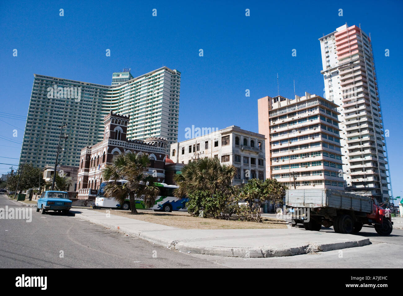 Two colonial buildings centre in HavanaÕs Vedado district dwarfed by ...