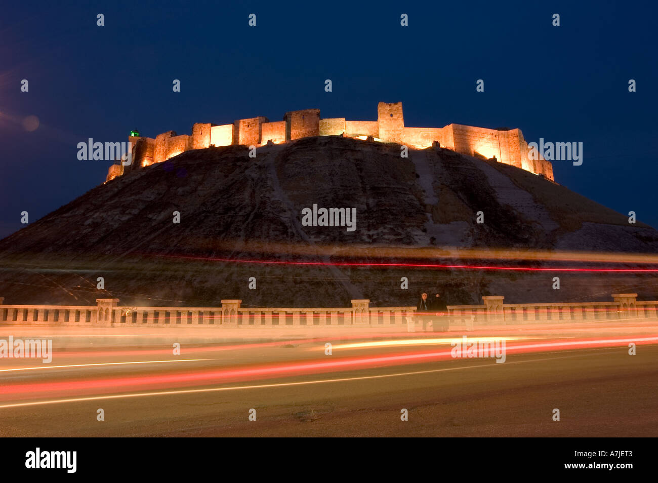 car lights night view of The Citadel Aleppo Haleb Syria Middle East ...