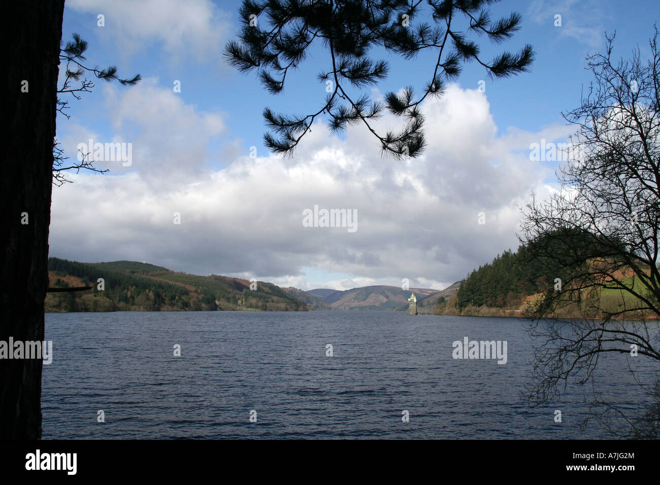 Lake Vyrnwy with Straining Tower, Wales Stock Photo - Alamy