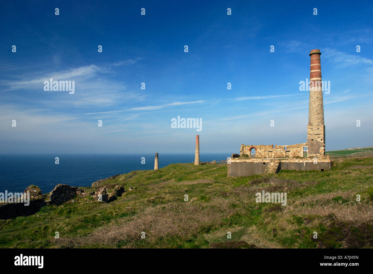 Prominent Chimney stacks of the old tin mines at Levant Cornwall UK ...