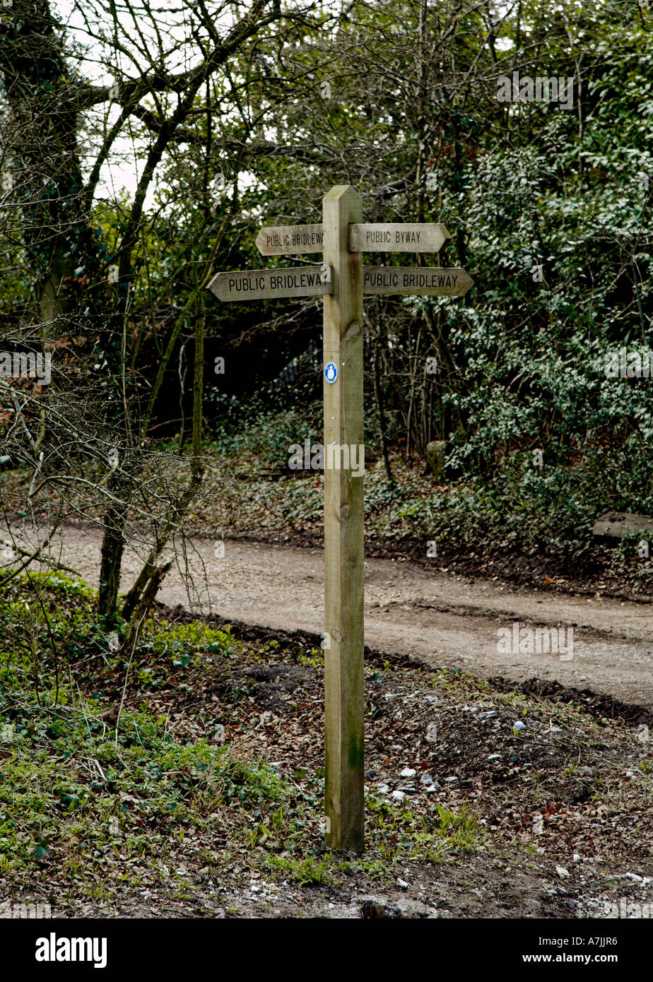Four way signpost for Bridleways on the North Downs near Reigate Stock ...
