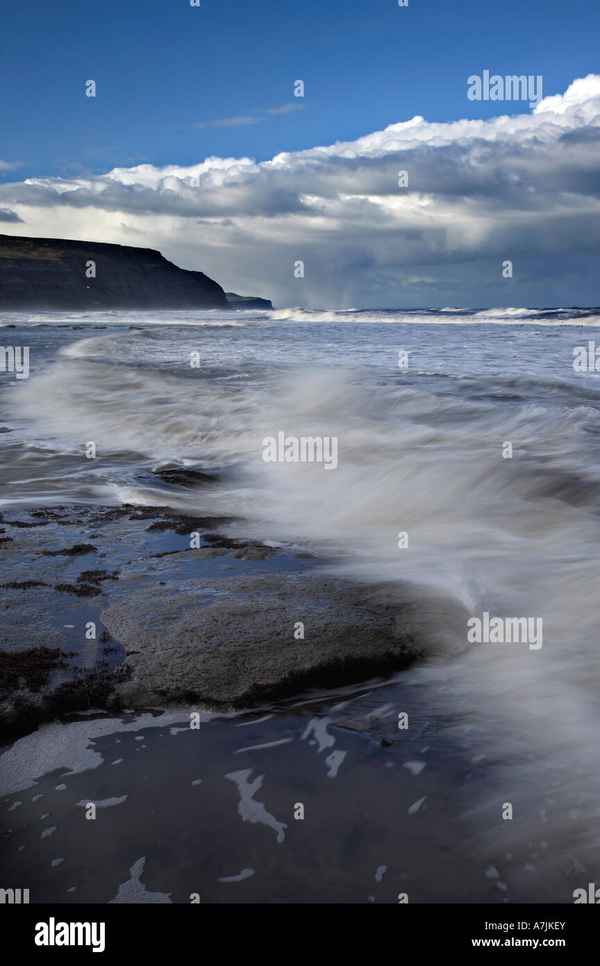 Boulby Cliffs from Staithes with a rough sea running North Yorkshire ...