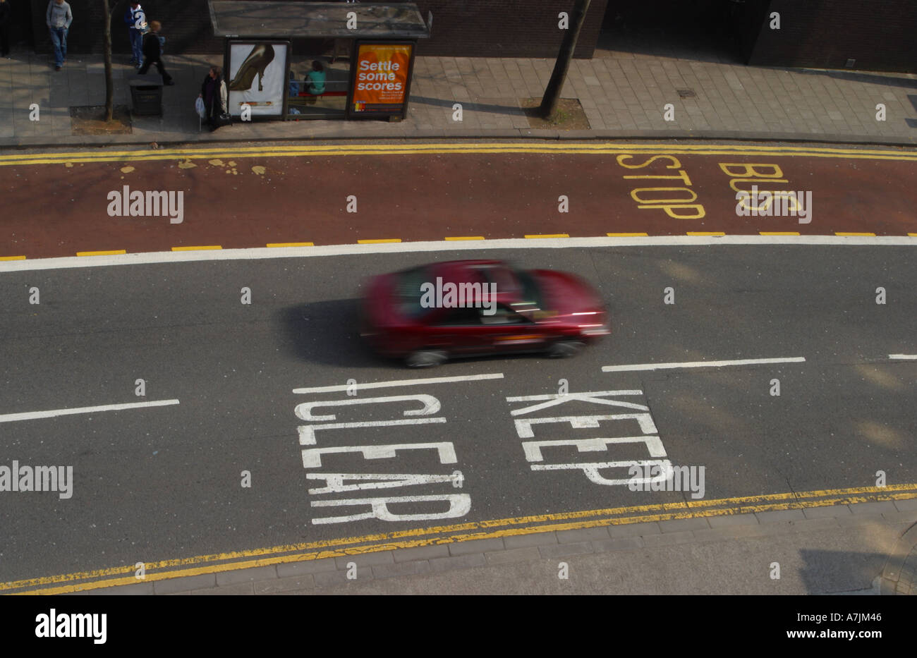 Keep Clear and Bus Stop road signs in Bristol city centre Stock Photo ...