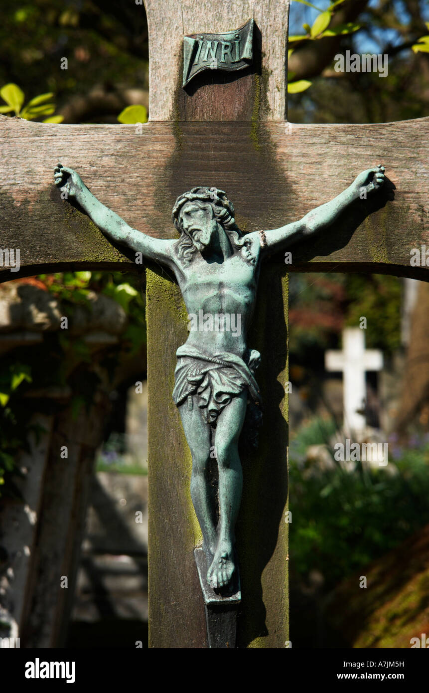 Figure of Christ on an old grave at St John at Hampstead graveyard ...